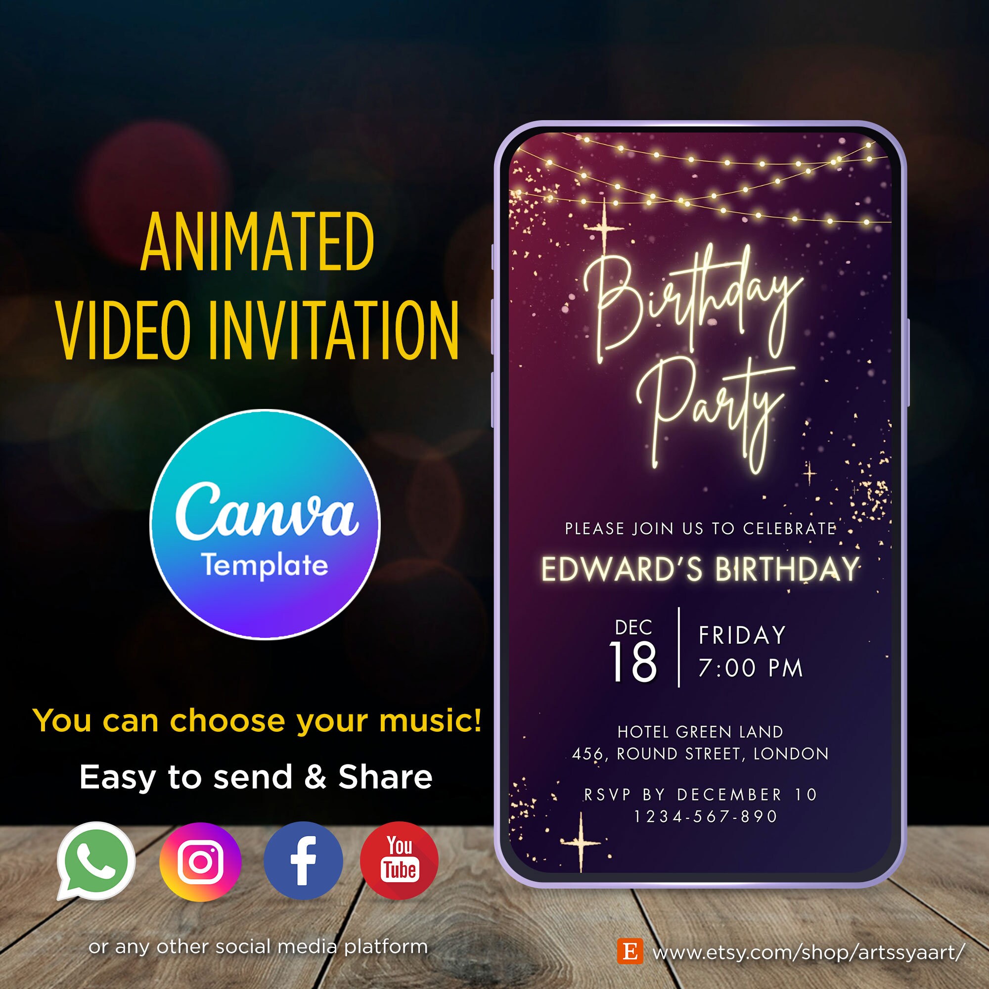 Editable Birthday Party Video Invitation: Pink Animated Design (canva ...