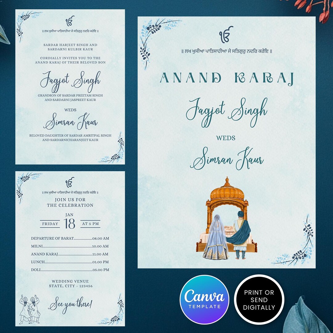Floral Sikh Wedding Invitation Template: Light Green Punjabi Card ...