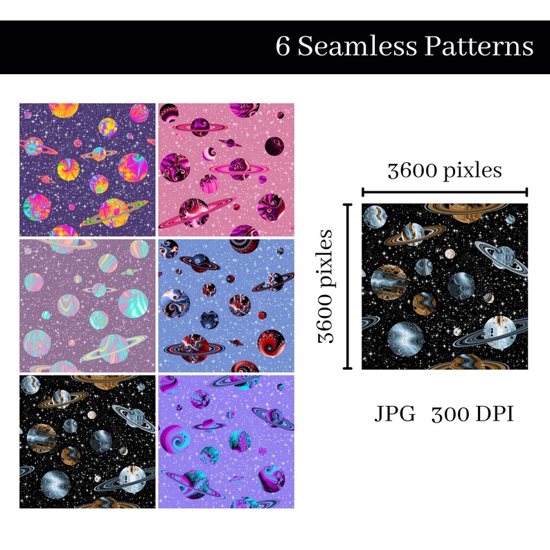 Planets Space Seamless Patterns JPG, Digital Papers, Black, Marble ...