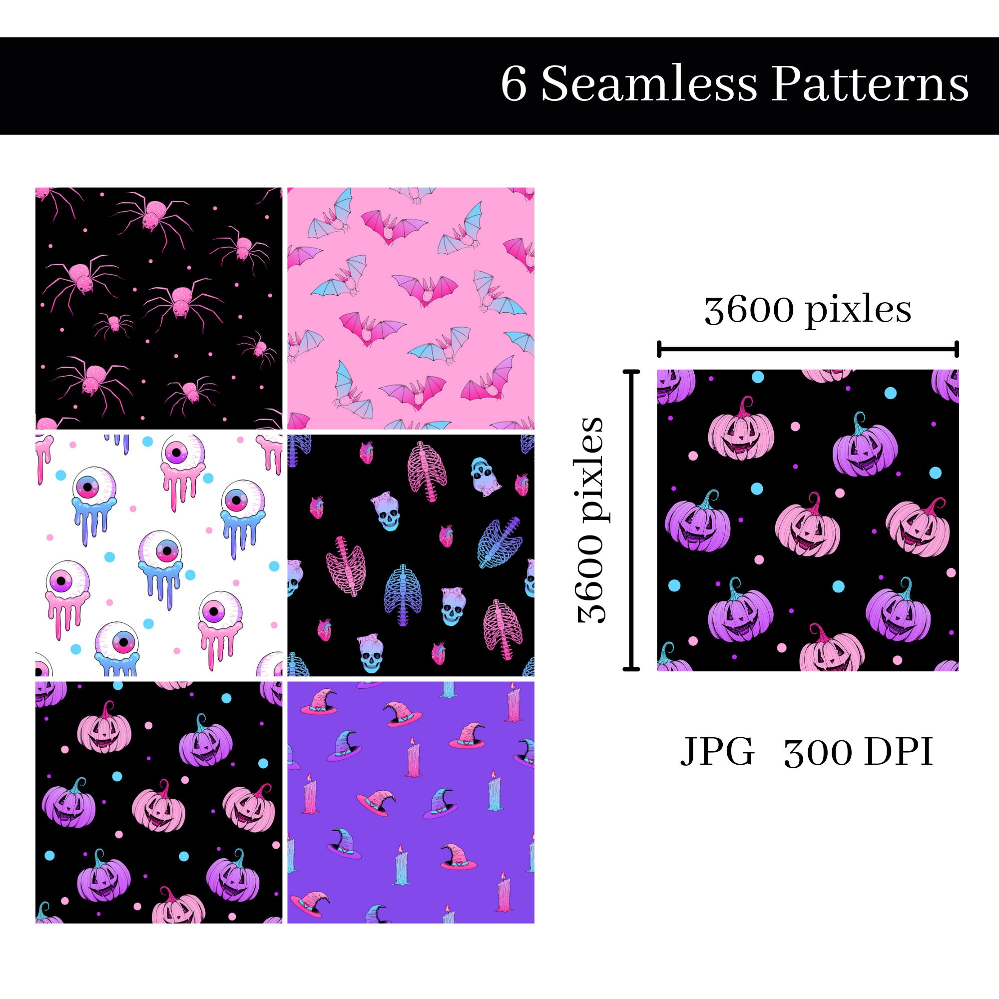 Pastel Goth Seamless Patterns Digital Papers Halloween Pumpkins, Skulls ...