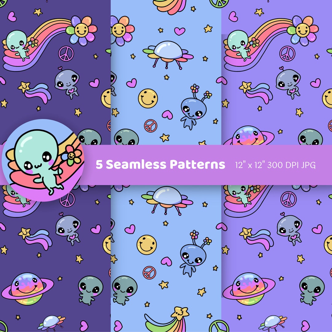 Kawaii Space Alien Seamless Patterns, Groovy Smiley Faces Happy Face ...