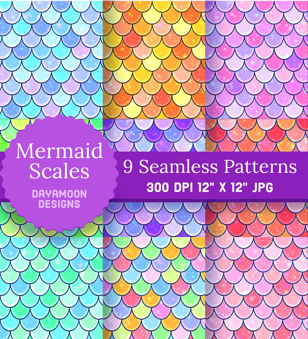 Pack of Mermaid Scales Seamless Patterns JPG, Digital Papers ...