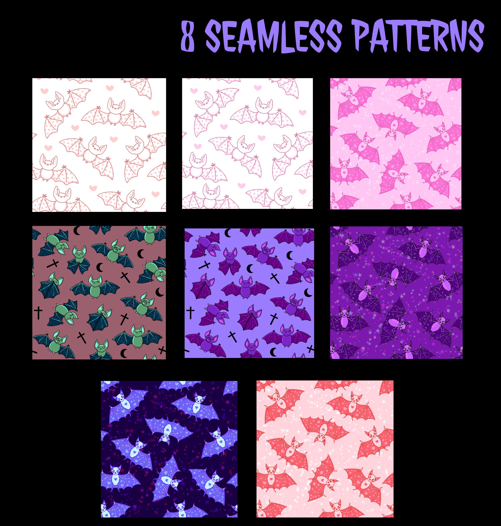 Seamless Patterns Cute Bats JPG Digital Papers for Halloween, Kawaii ...
