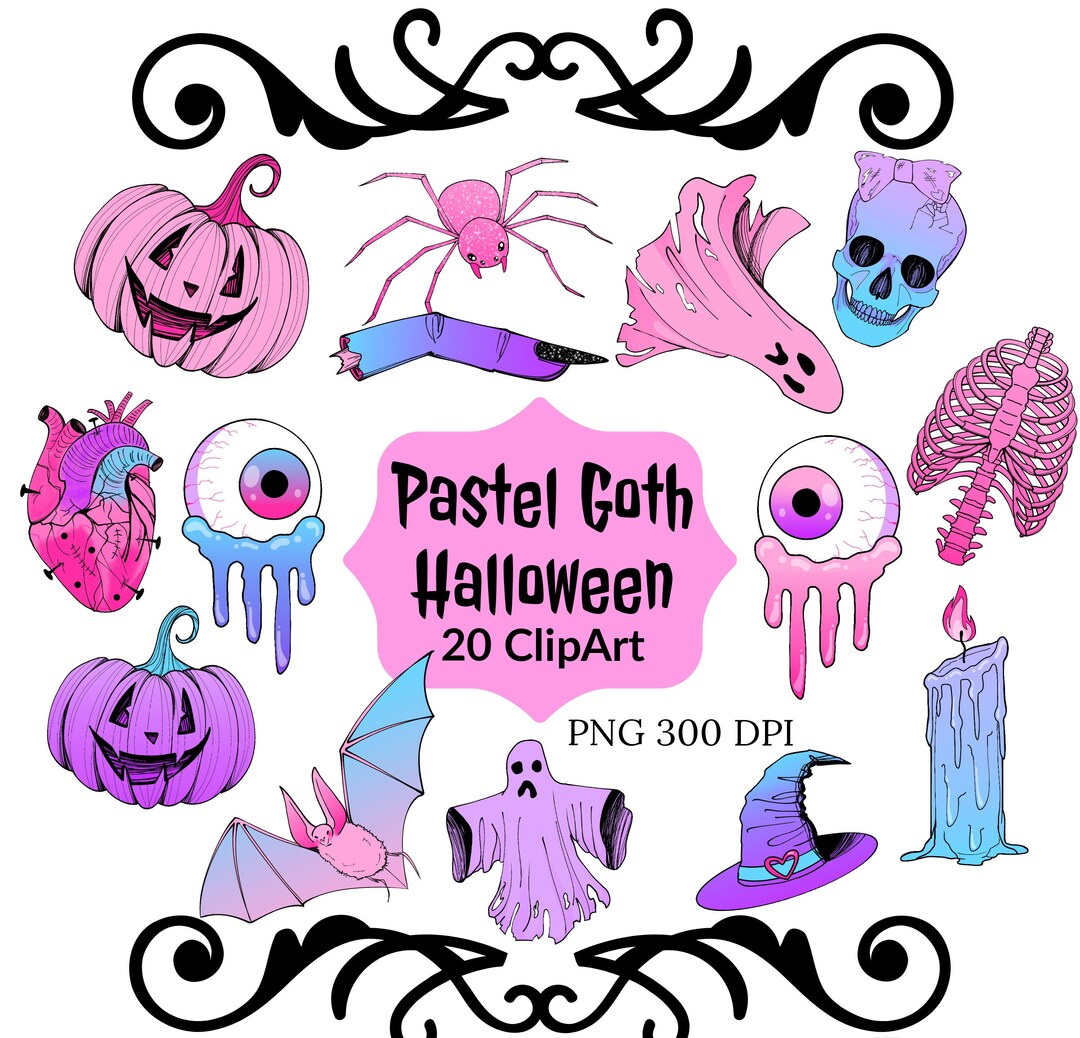 Pastel Goth Halloween Clipart, PNG, Digital Download, Pumpkins, Skulls ...
