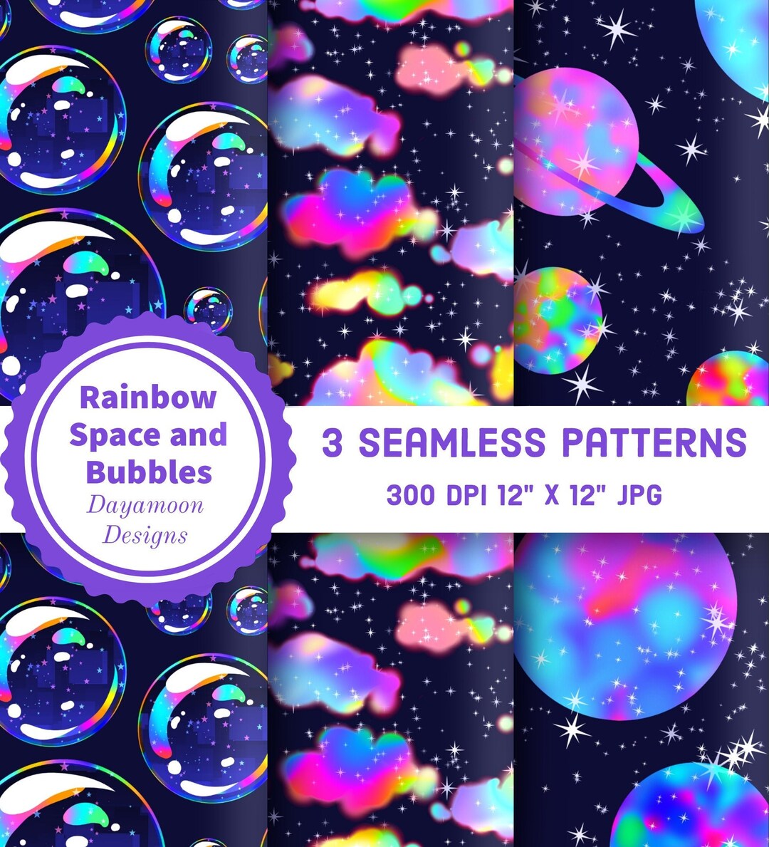 Rainbow Space, Bubbles and Clouds Seamless Patterns, Planets ...
