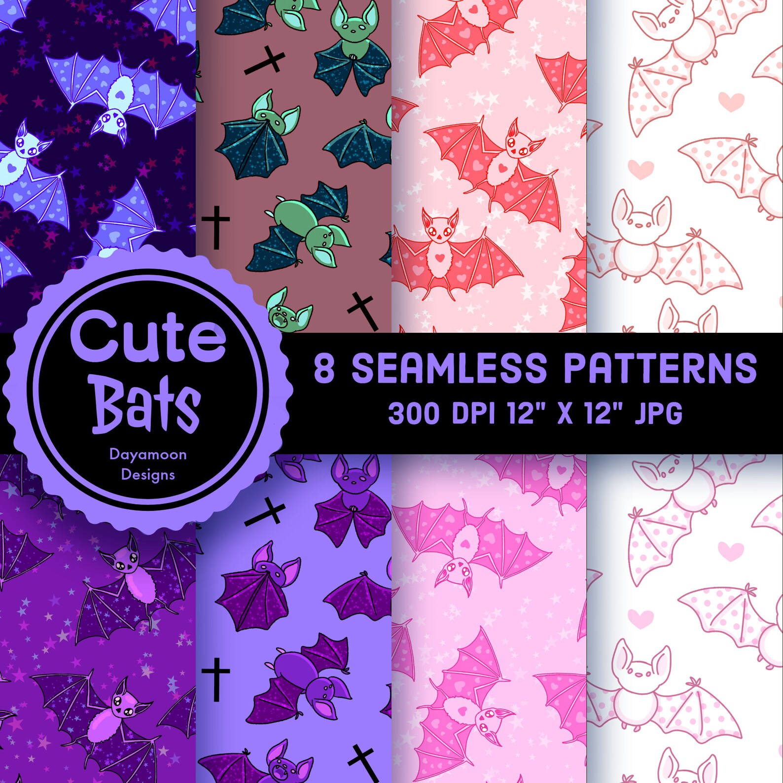 Seamless Patterns Cute Bats JPG Digital Papers for Halloween, Kawaii ...