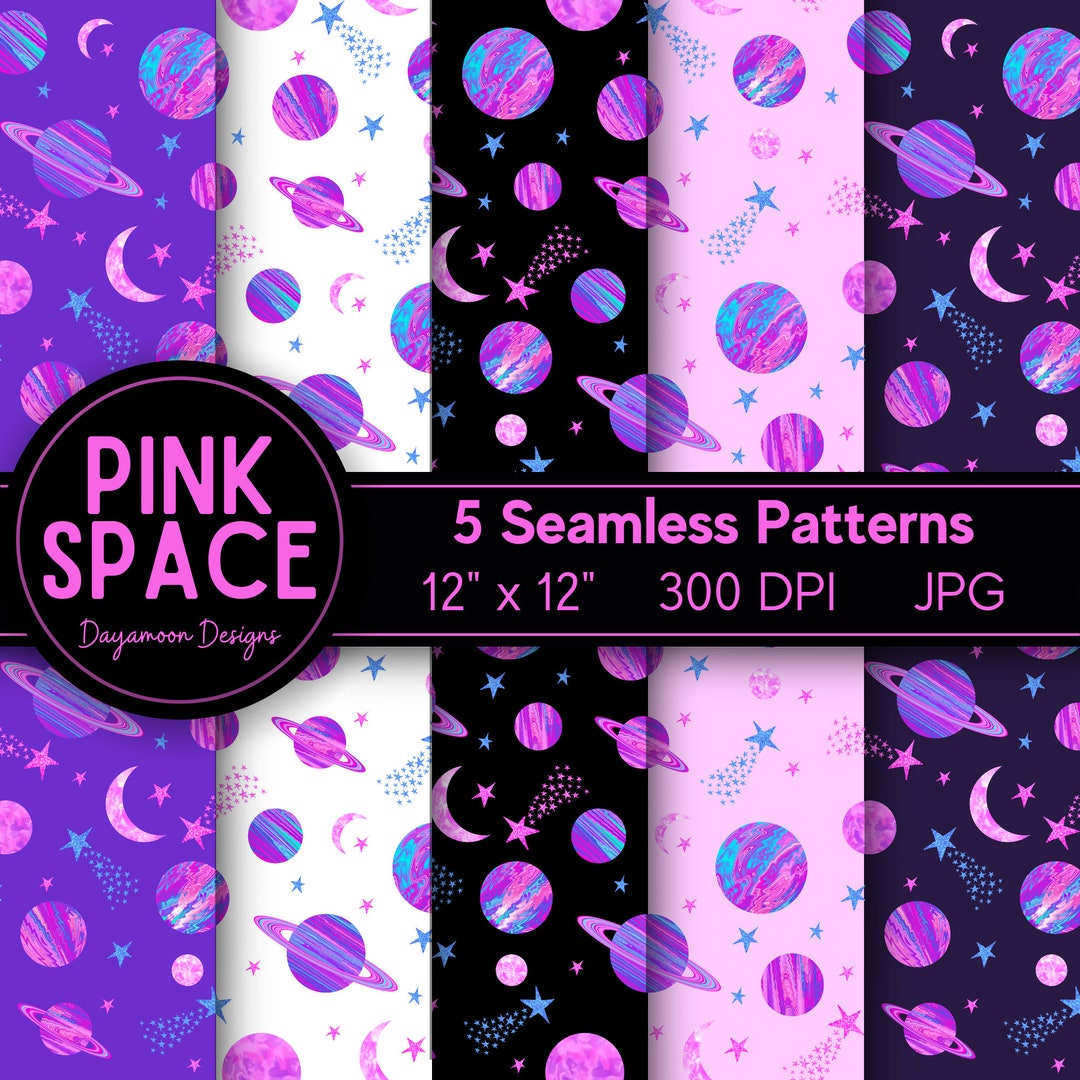 Pink Space Seamless Patterns, Planets, Galaxy, Aesthetic, Glitter Stars ...