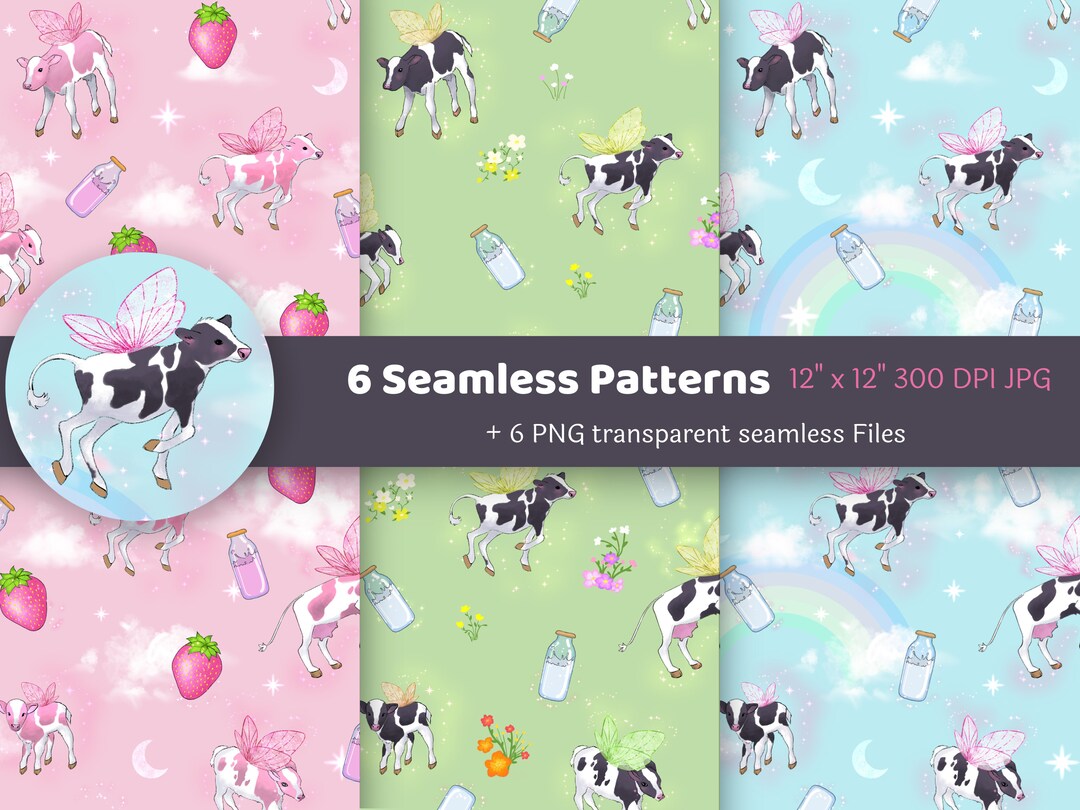Strawberry Cow Seamless Pattern Milk, Fairy, Magical, Kawaii, JPG, PNG ...