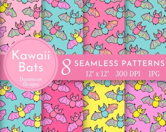 Pastel Goth Kawaii Bats Halloween, Seamless Patterns, JPG, Digital ...
