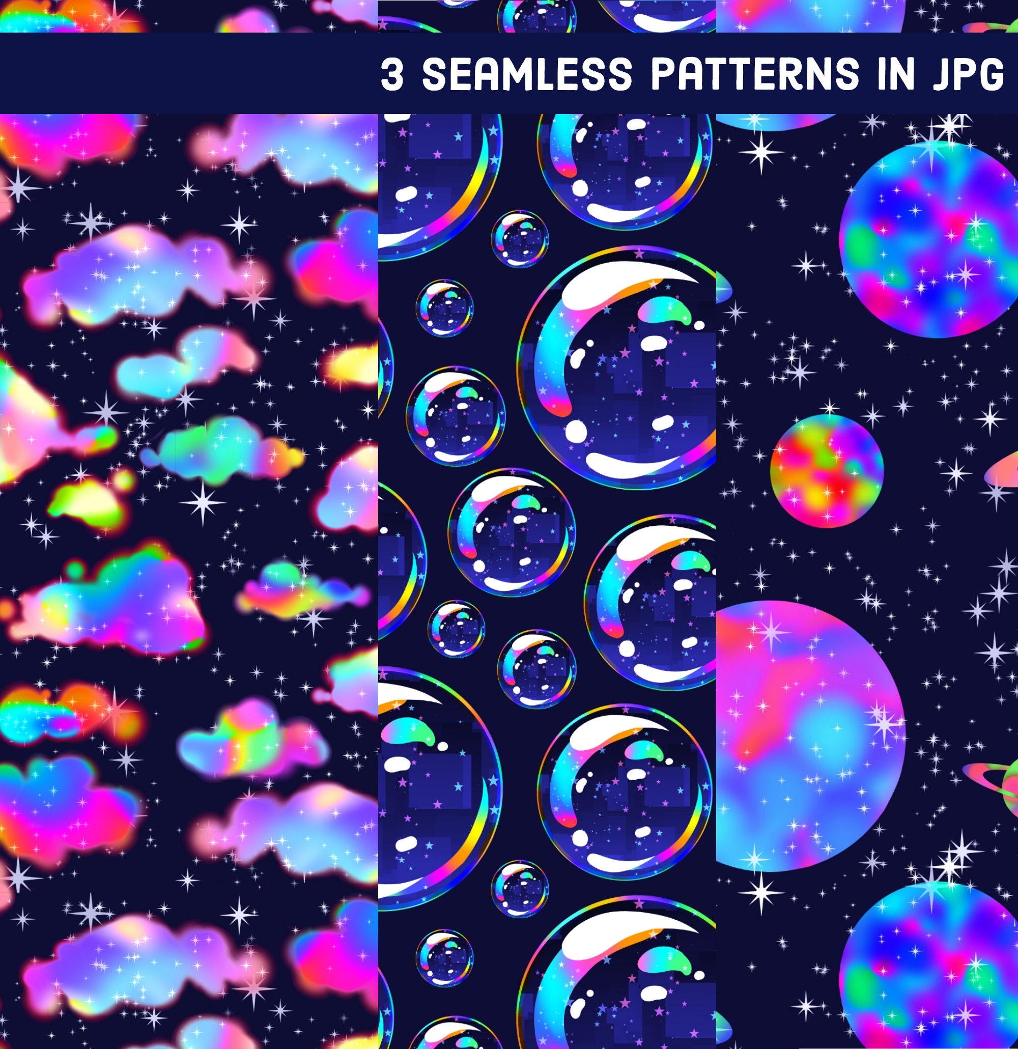 Rainbow Space Bubbles and Clouds Seamless Patterns Planets - Etsy