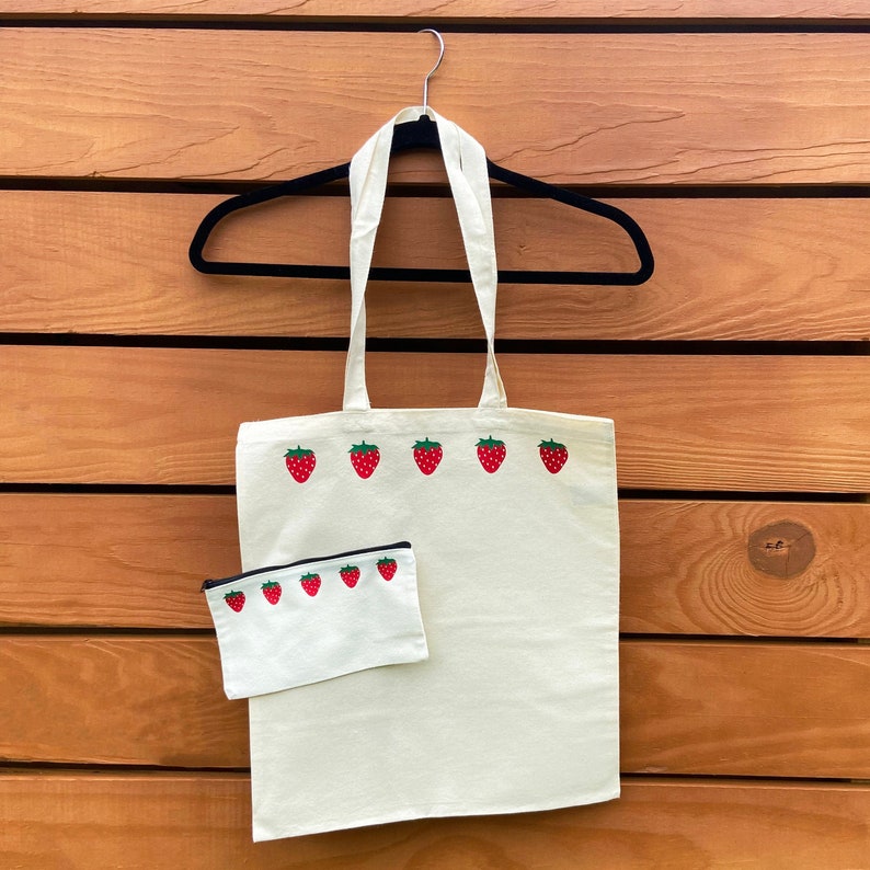 Strawberry Tote Bag Matching Pouch Available Reusable And Etsy