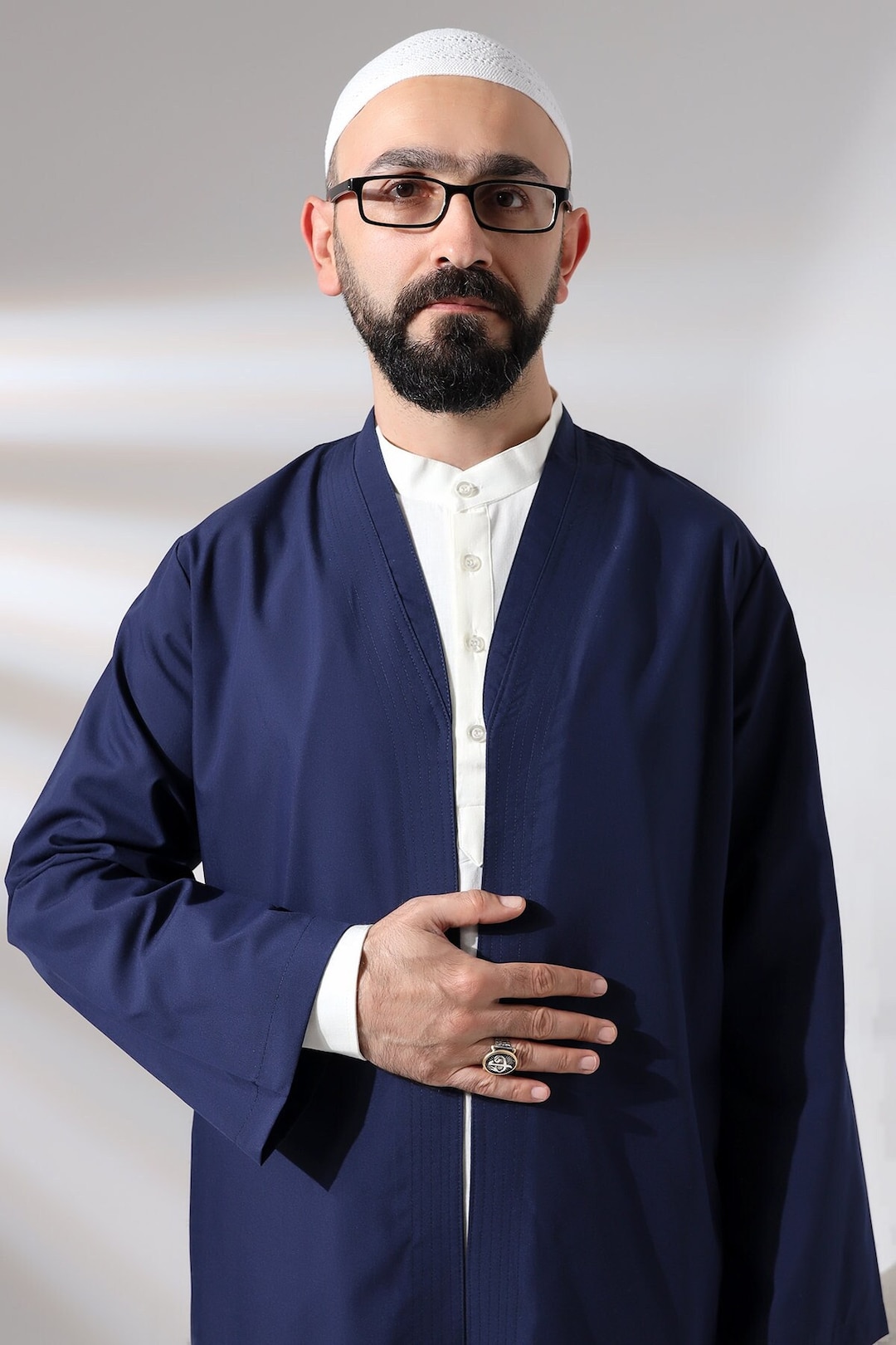 Navy Blue Men's Prayer Robe V-neck Buttonless Open-front Prayer Robe ...