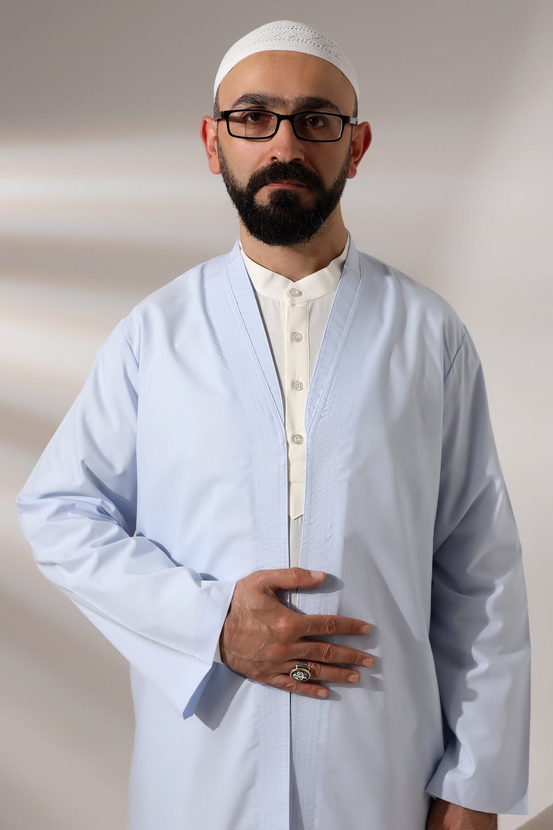 Light Blue Men's Prayer Robe V-neck Buttonless Open-front Prayer Robe ...