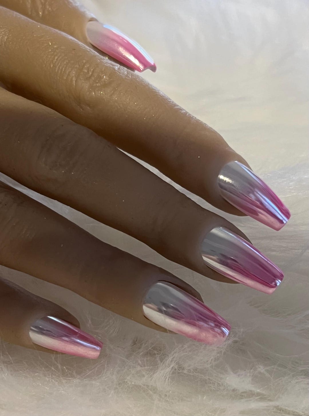 Reusable Hand-painted “pink Moonlight” Press-on Nail Set – Pink Silver ...