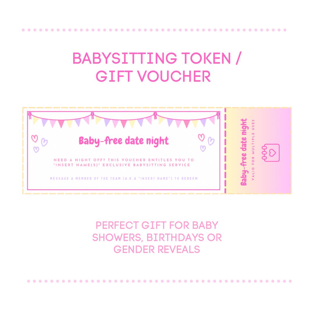 Babysitting Token Printable Gift Voucher Baby Shower Gender Reveal ...
