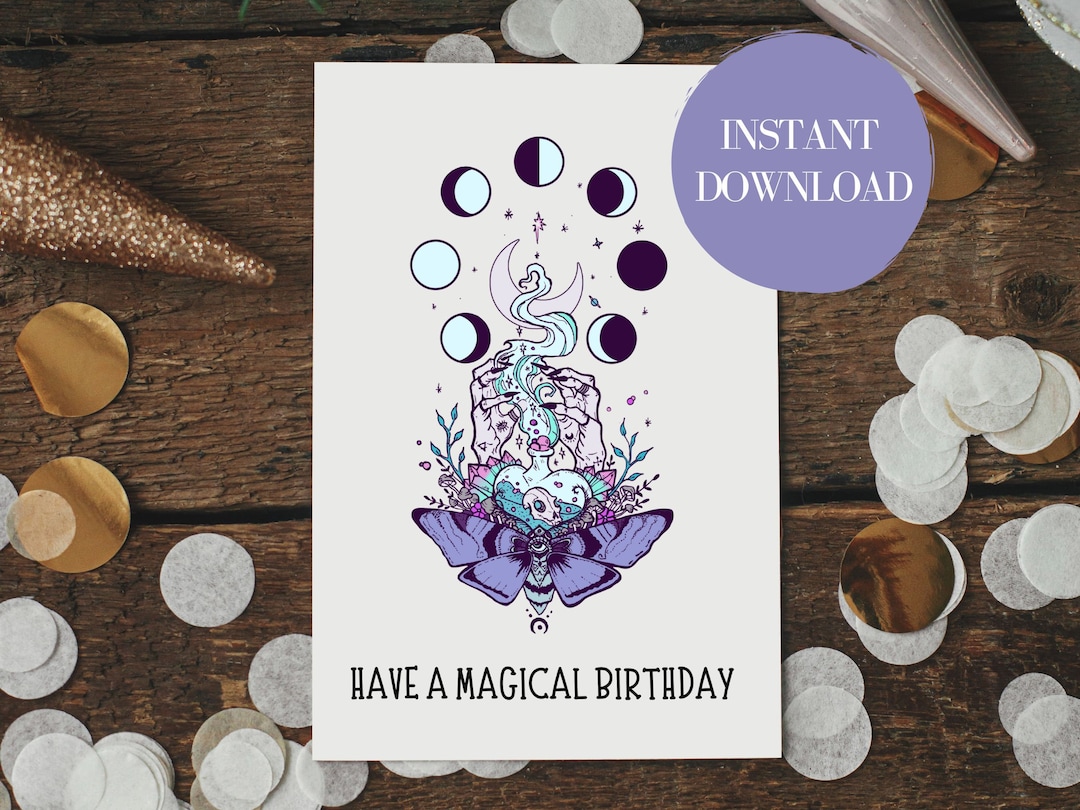 Printable Magical Birthday Card, Witchy, for Her, Potion, Moth, Moon ...
