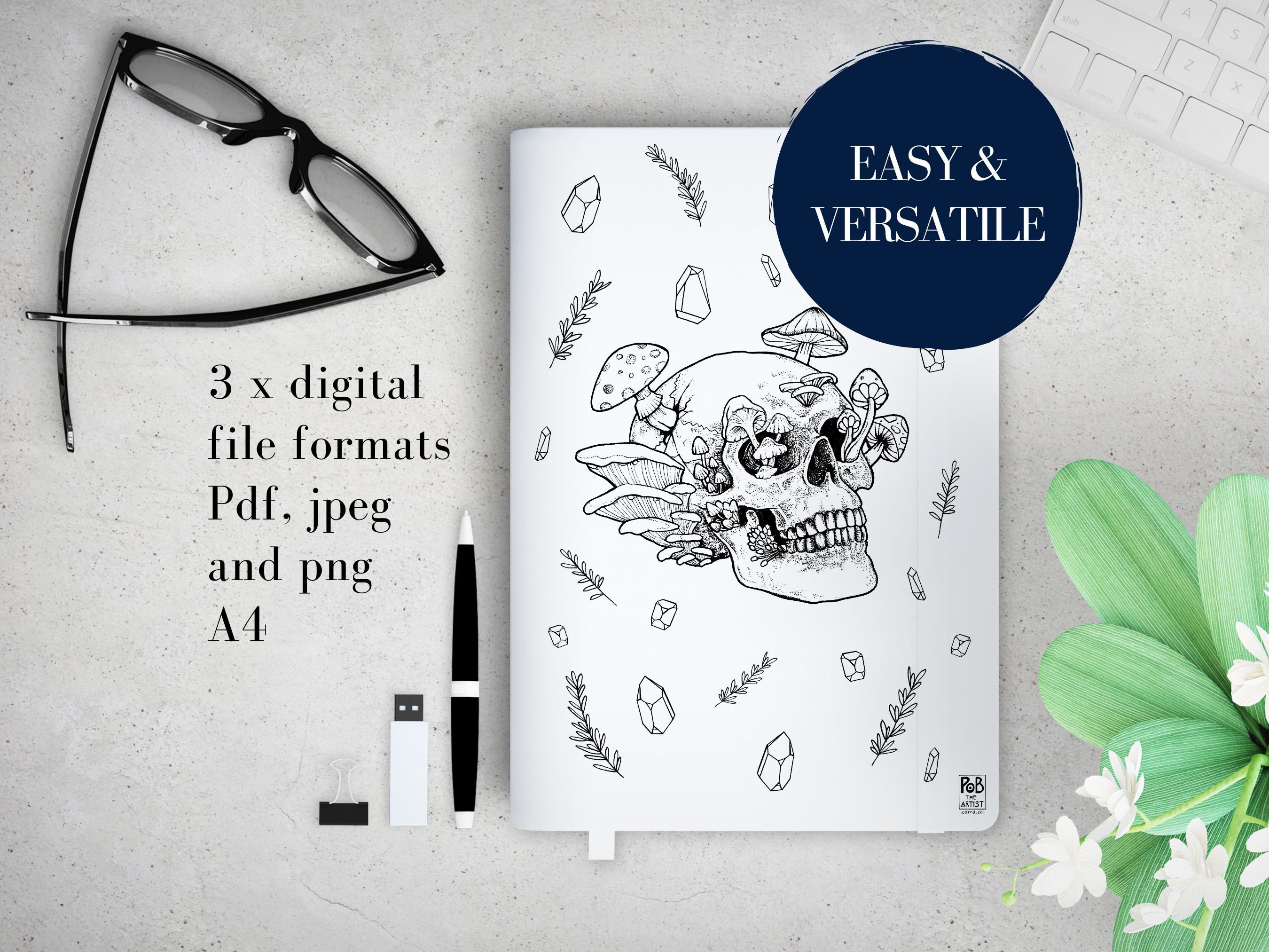 Printable Halloween Coloring Page Skull & Mushrooms Halloween Art ...