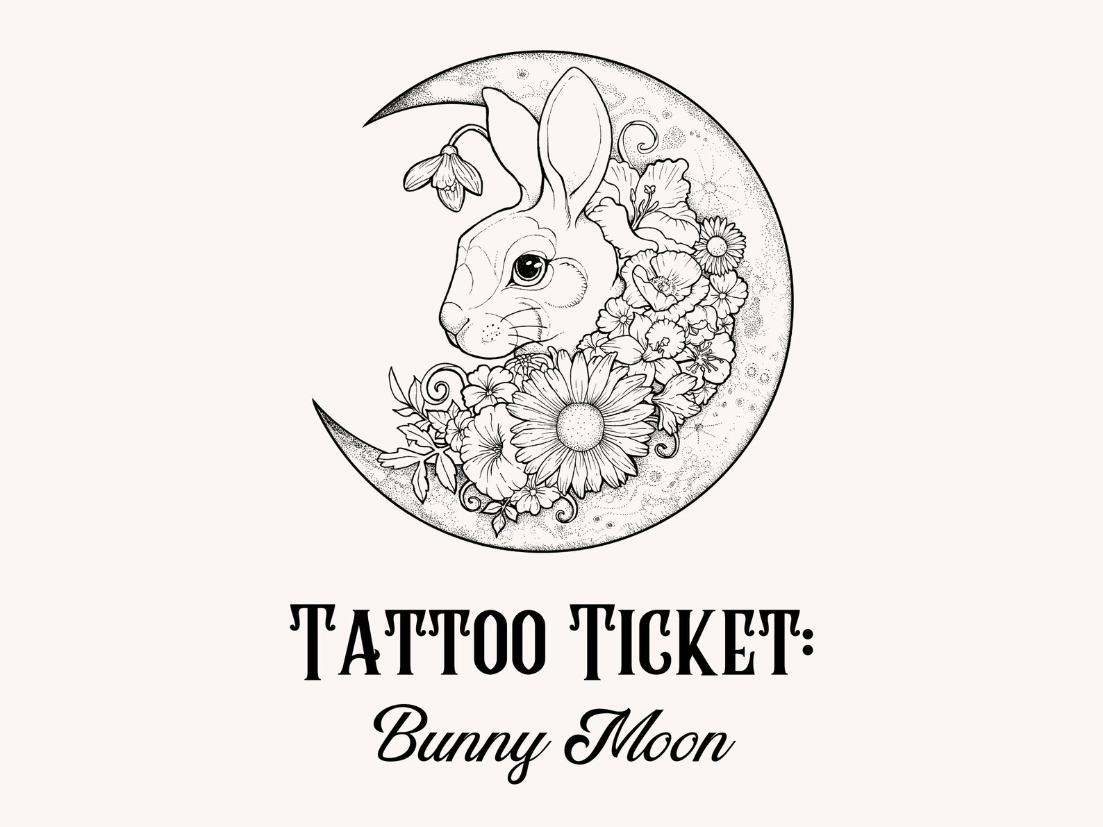 Bunny Moon Tattoo Ticket Rabbit Flowers Illustration Art Tattoo Design ...