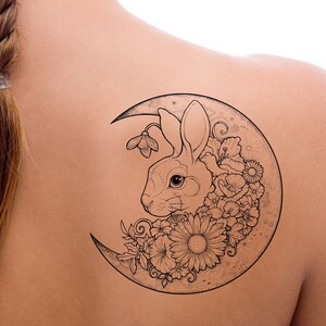 Bunny Moon Tattoo Ticket Rabbit Flowers Illustration Art Tattoo Design ...