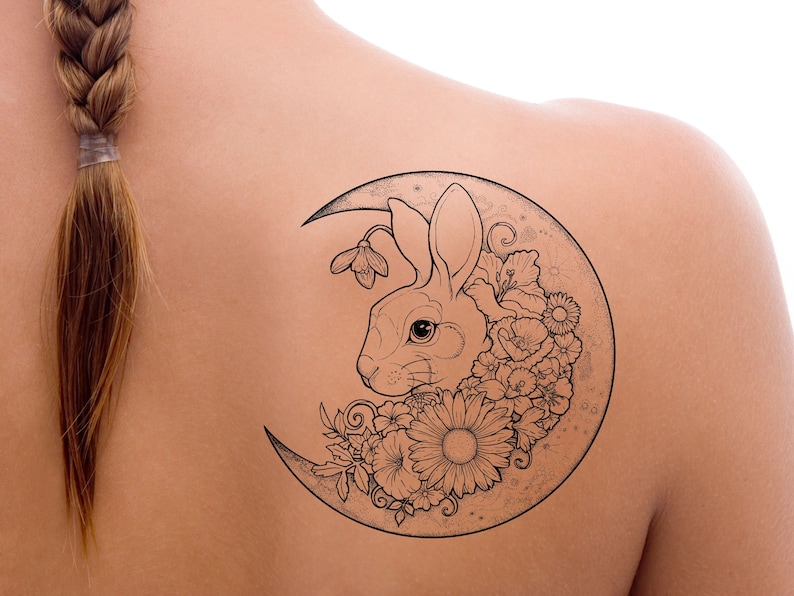 Bunny Moon Tattoo Ticket Rabbit Flowers Illustration Art Tattoo Design ...