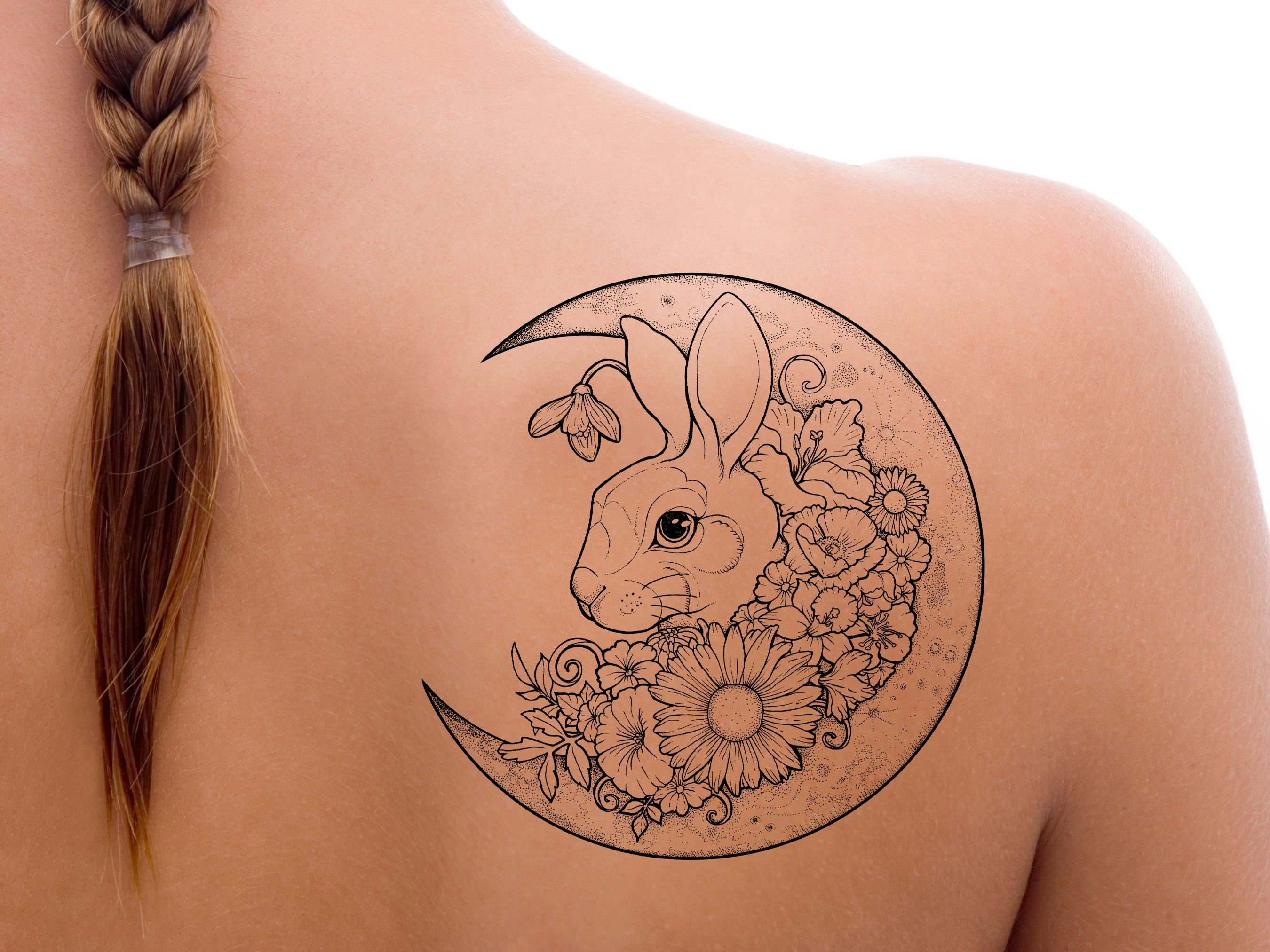 Bunny Moon Tattoo Ticket Rabbit Flowers Illustration Art Tattoo Design ...