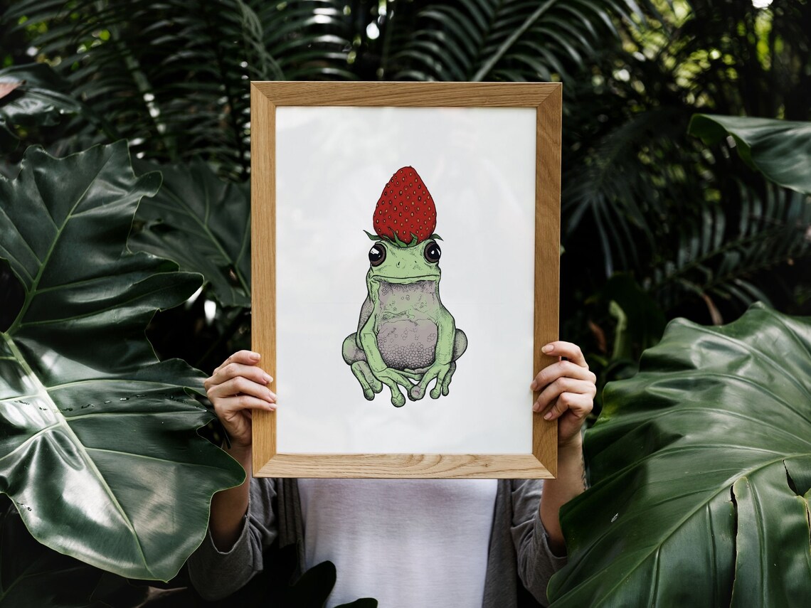 Cottagecore Frog With Strawberry Hat | Printable Wall Art | Digital ...