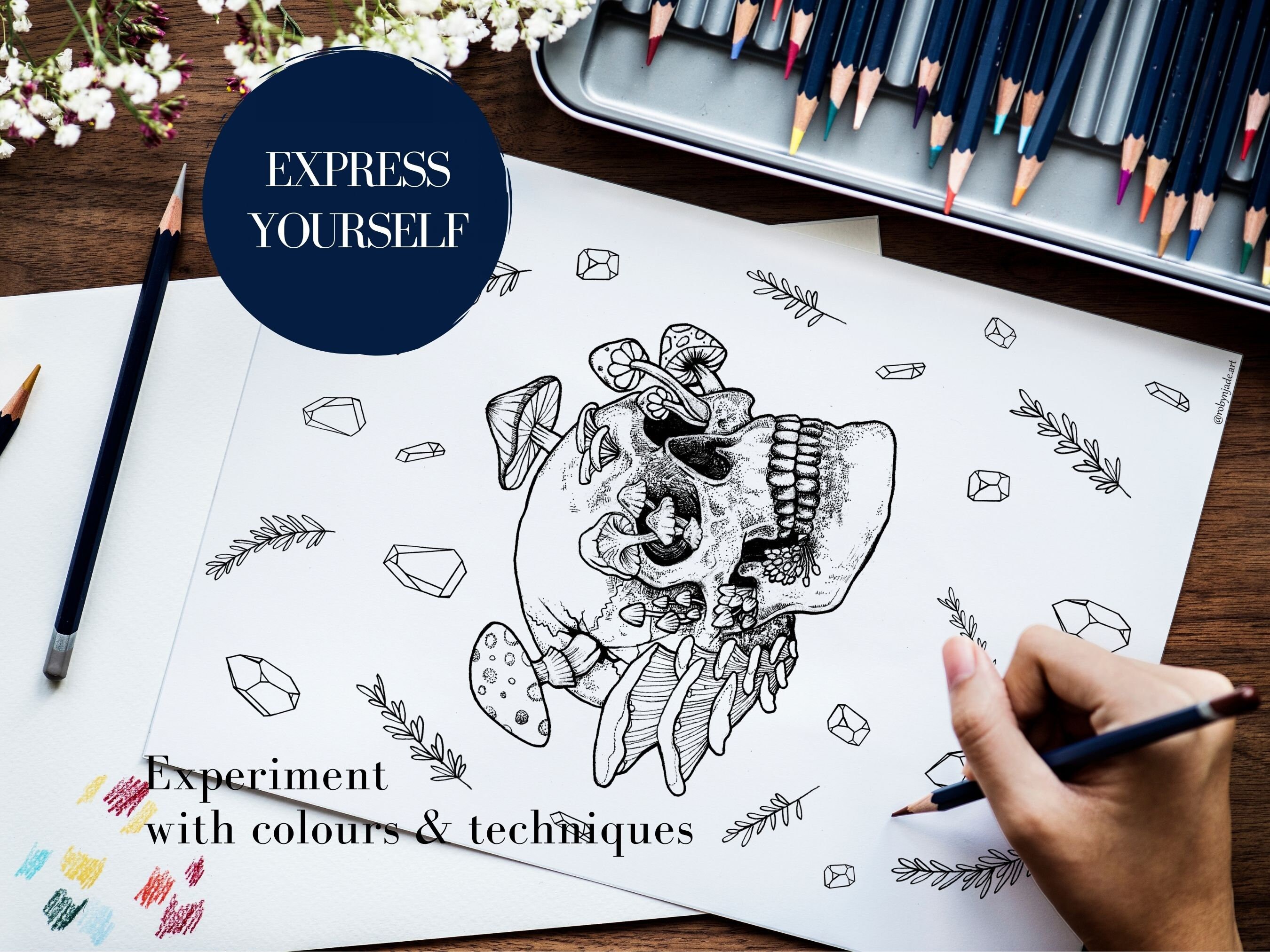 Printable Halloween Coloring Page Skull & Mushrooms Halloween Art ...