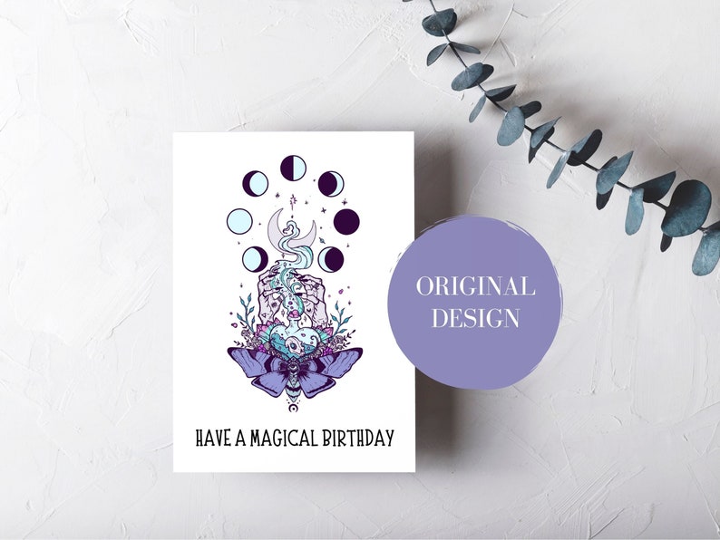 Printable Magical Birthday Card, Witchy, for Her, Potion, Moth, Moon ...