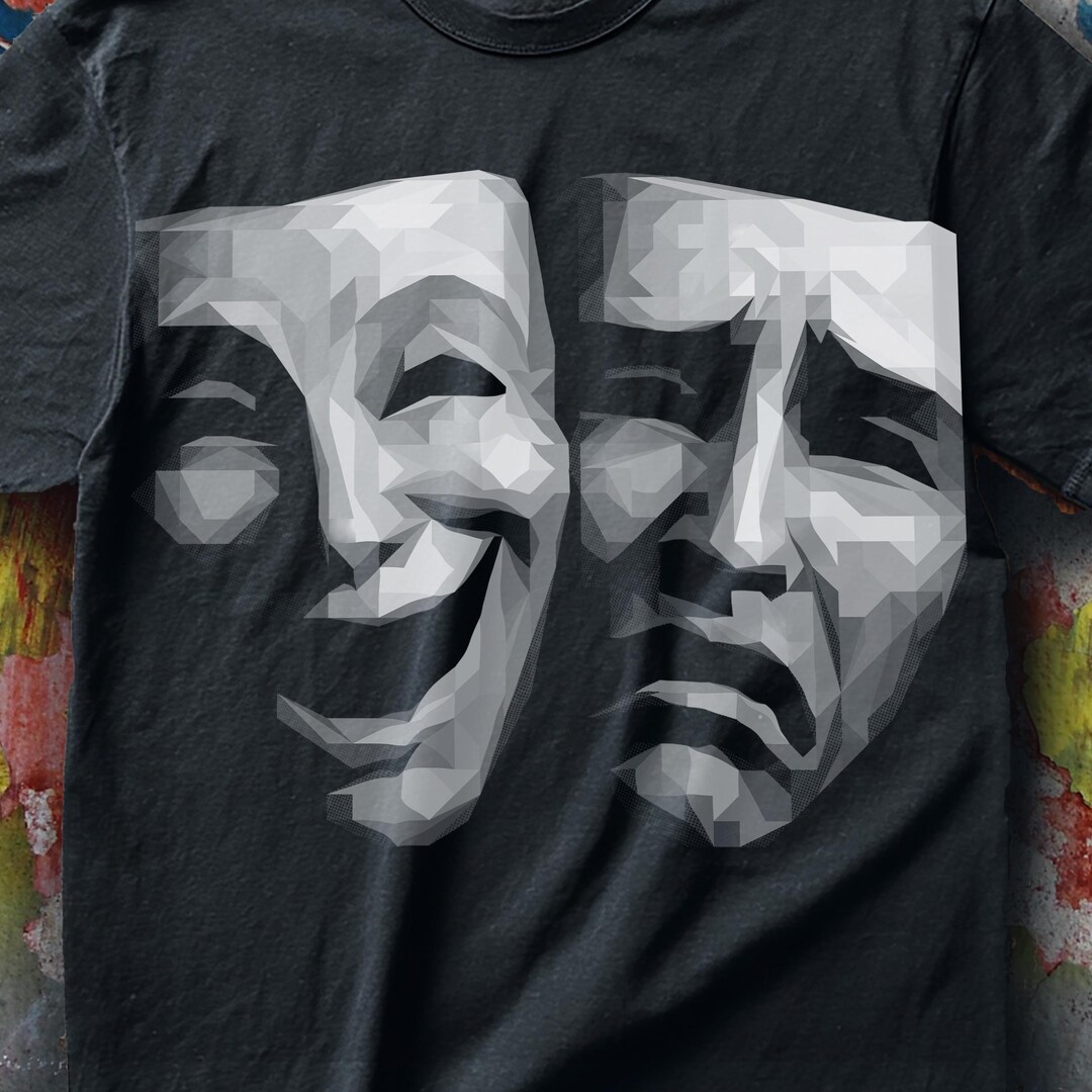 Low Poly Joy & Despair Masks Tee – Monochrome Tragedy Comedy Shirt ...