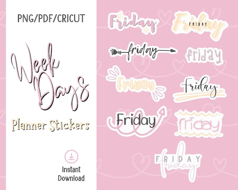 Week Days Printable Stickers | Digital Stickers | Daily Planner ...