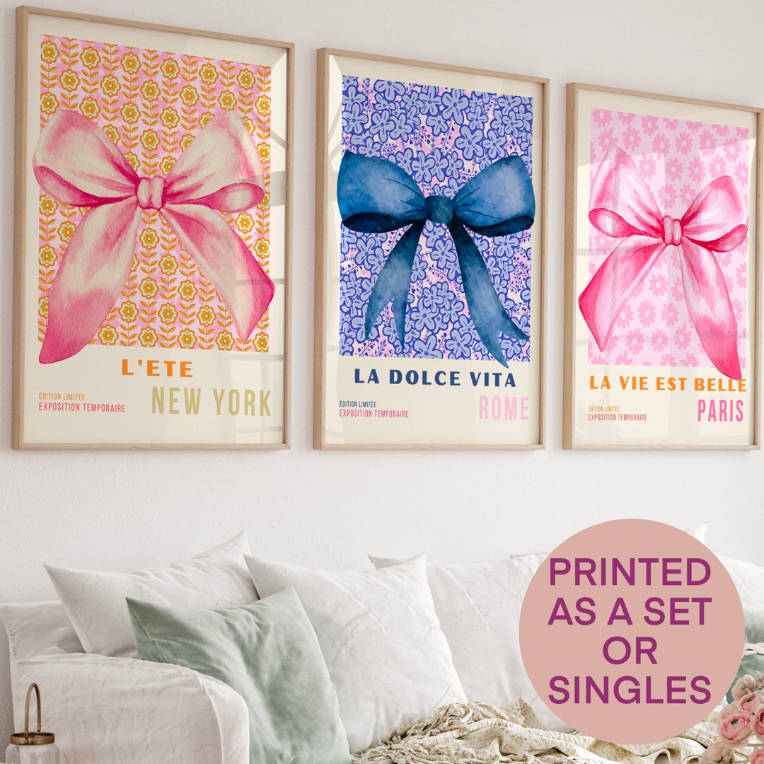 Coquette Pink Bow Prints Trendy Retro Wall Art Set of 3 Travel Posters ...