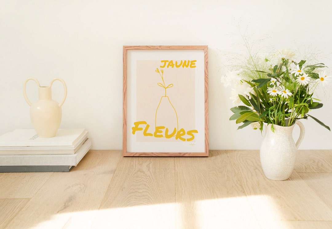 Yellow Flower Line Art, Large Yellow Wall Art, Sunshine Yellow Art ...