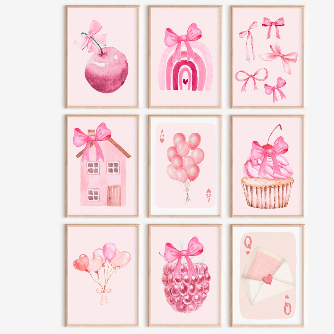Pink Bows Coquette Nursery Girly Wall Art Set of 12, Retro Trendy ...
