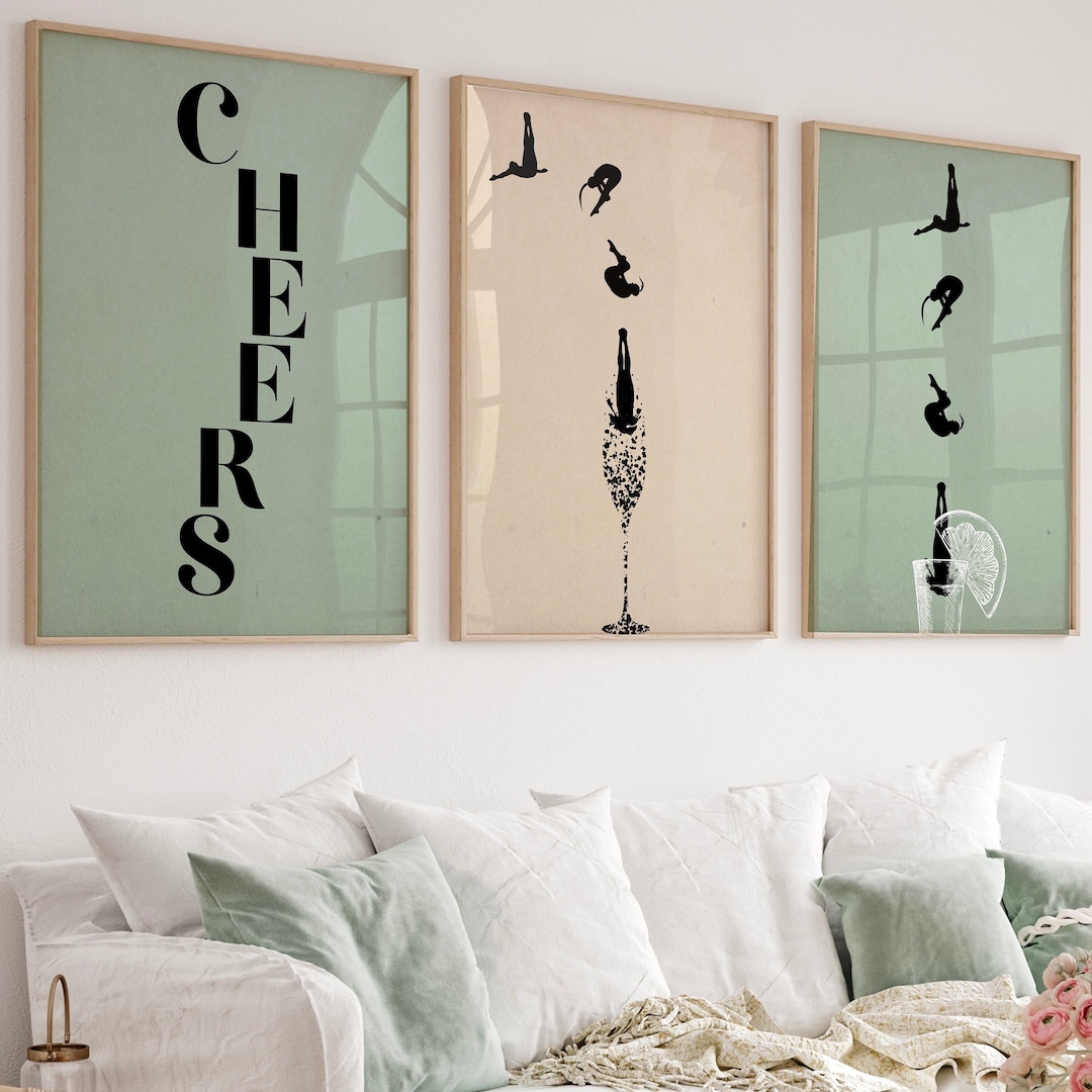 Cheers Print Trendy Retro Wall Art Set of 3 Bar Cart Drinks Art Bar ...