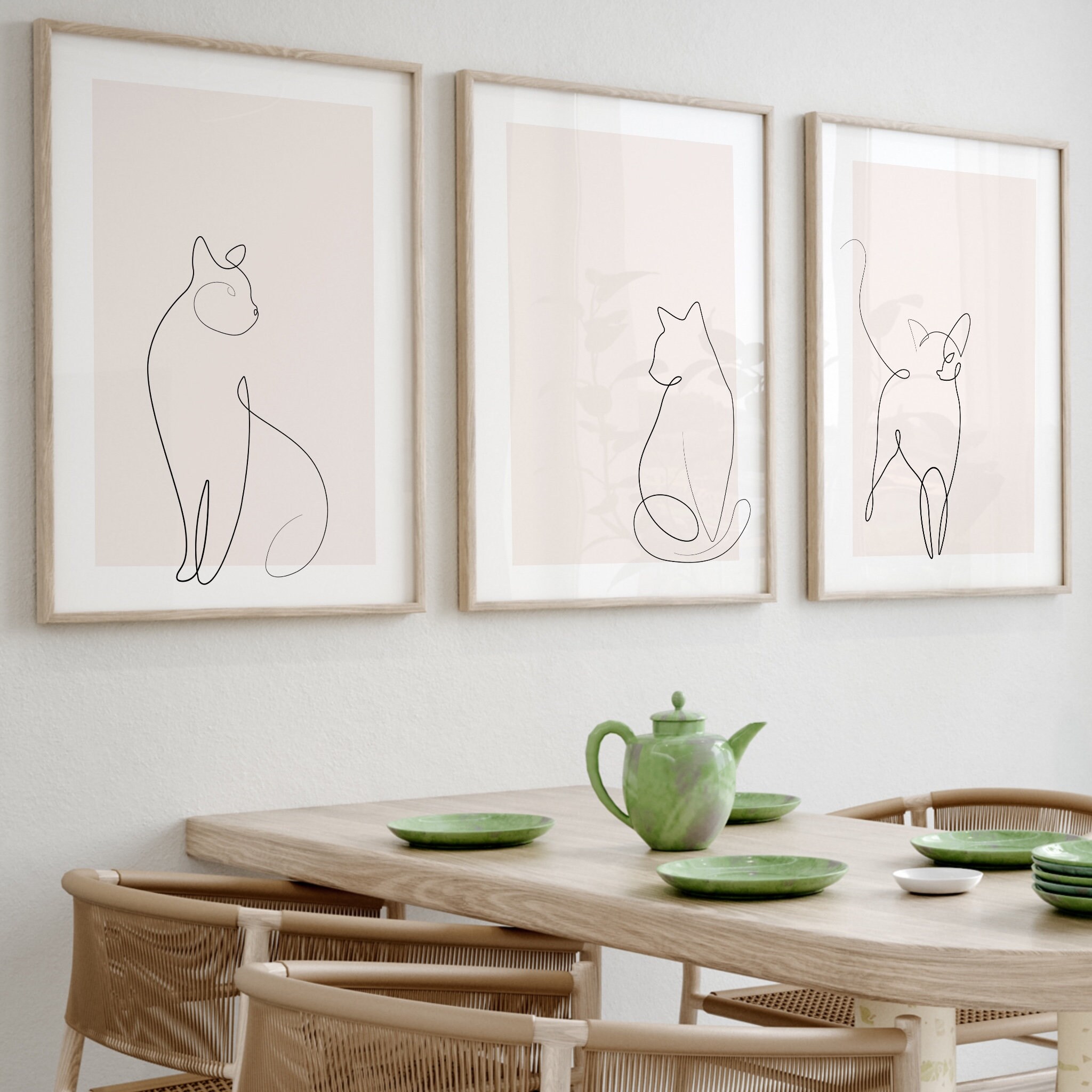 Pink Cat Wall Art Set of 3feline Line Art Posterblush Pink - Etsy