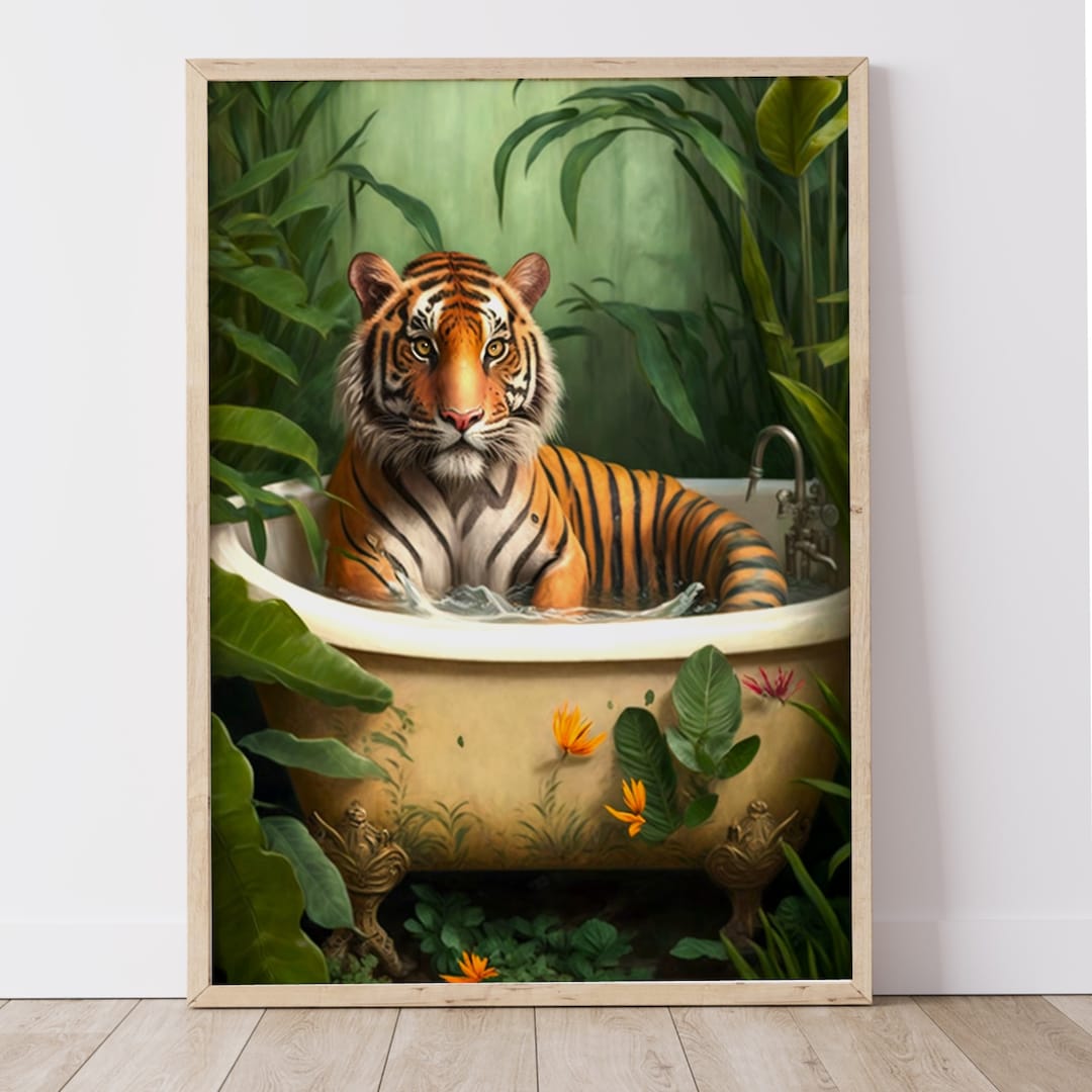 Tiger in Bath Bathroom Art Print, Maximalist Animal in Bathtub Jungle Wall Art, Funny Bathroom ...
