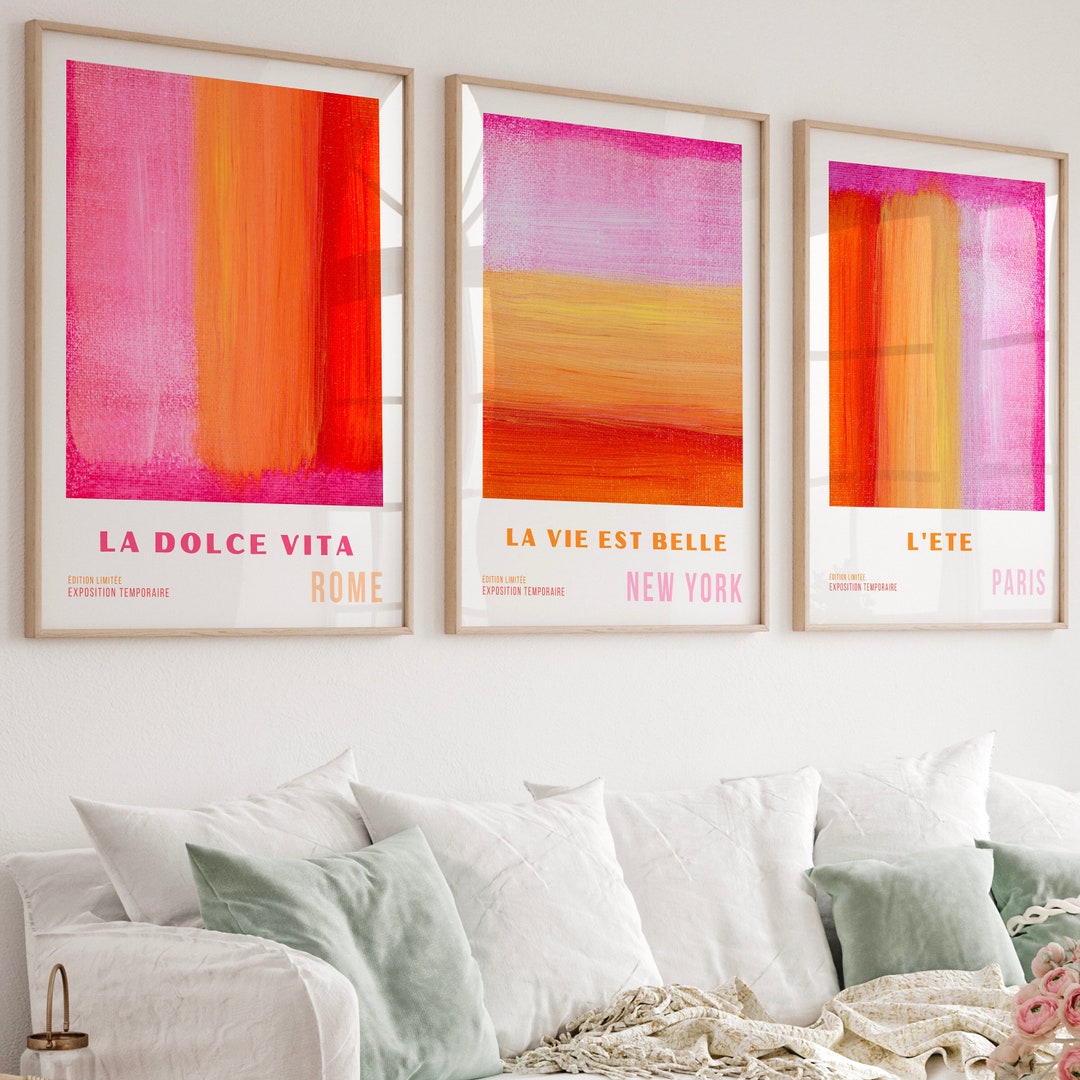 Pink Orange Abstract, Printable Set of 3, 70s Style Poster, 60s Flower ...