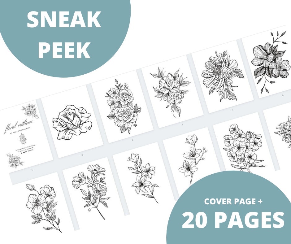 Adult Coloring Pages: Floral Outlines - Etsy