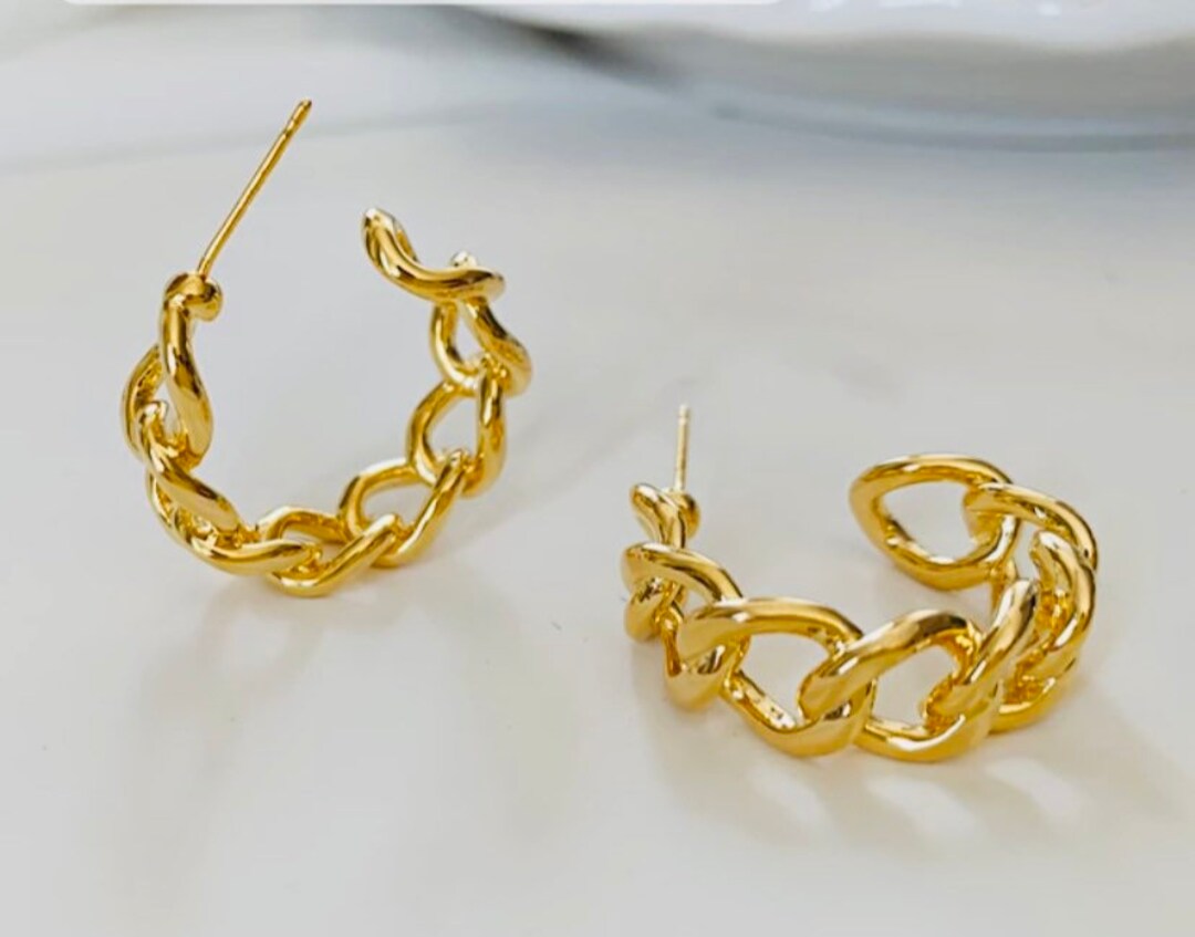 Chain Link Gold Hoops, Woman’s Hoops - Etsy
