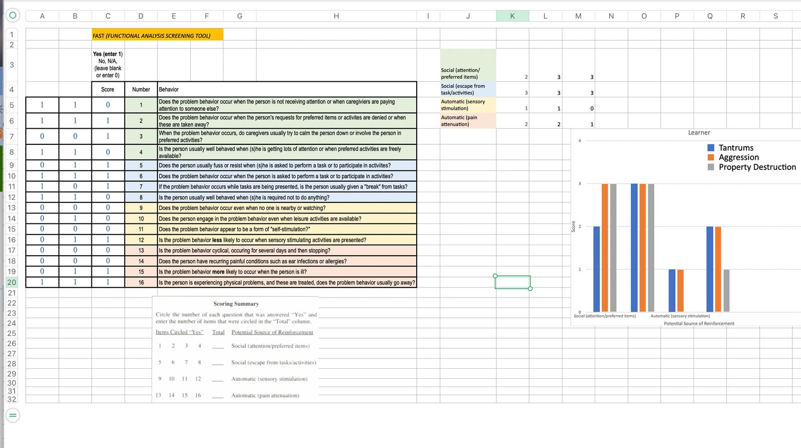 FAST (functional Assessment Screening Tool) Excel/numbers Spreadsheet ...