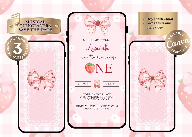 Berry Sweet One Digital Invitation Template | Editable Canva Video ...