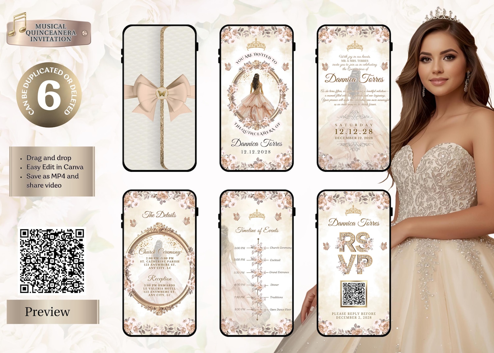 Champagne Animated Quinceanera Invitation Template | Editable Canva ...