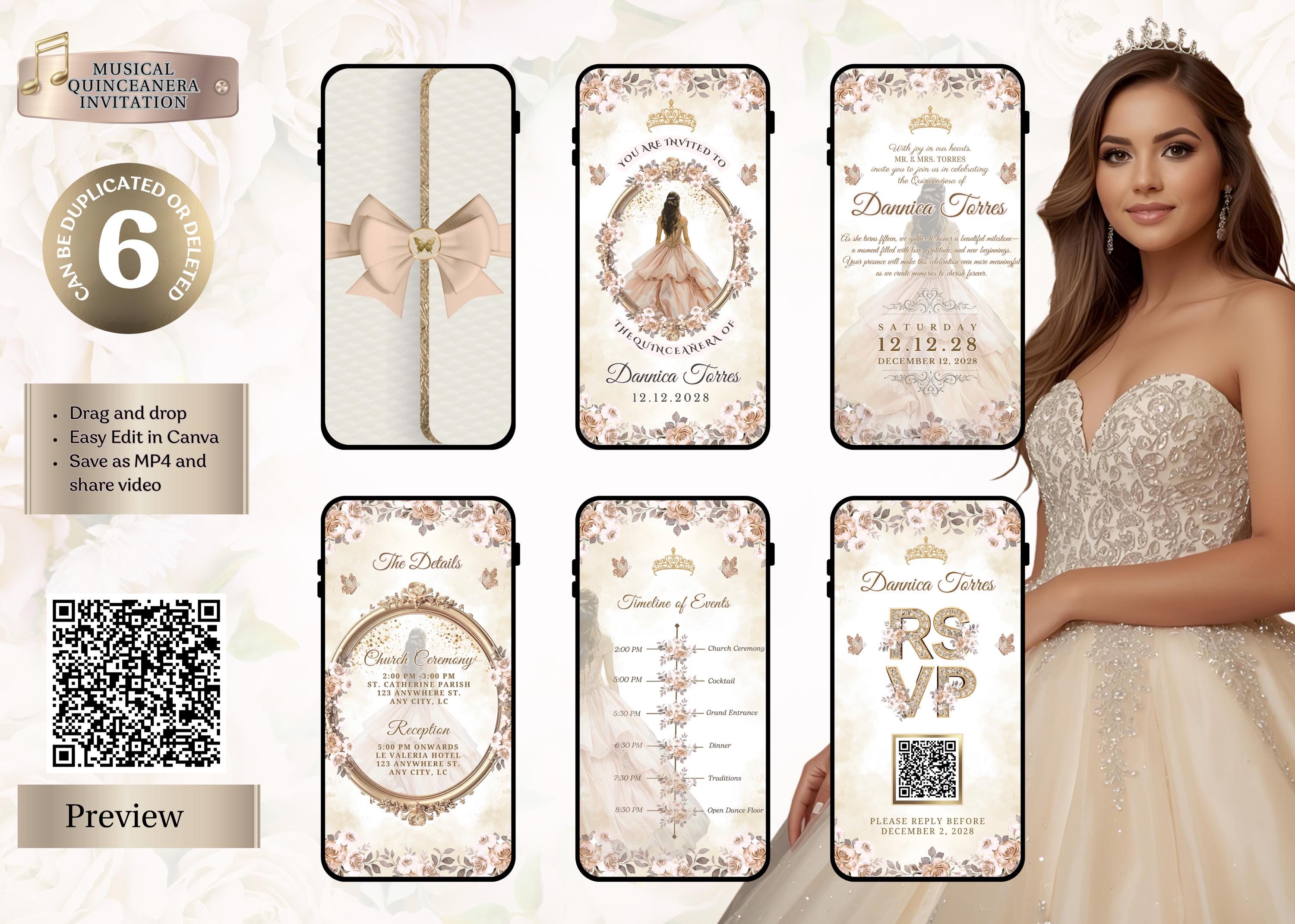 Champagne Animated Quinceanera Invitation Template | Editable Canva ...