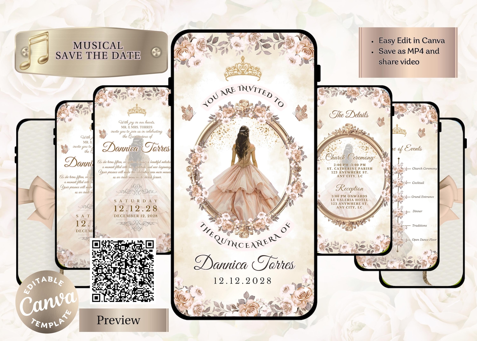 Champagne Animated Quinceanera Invitation Template | Editable Canva ...