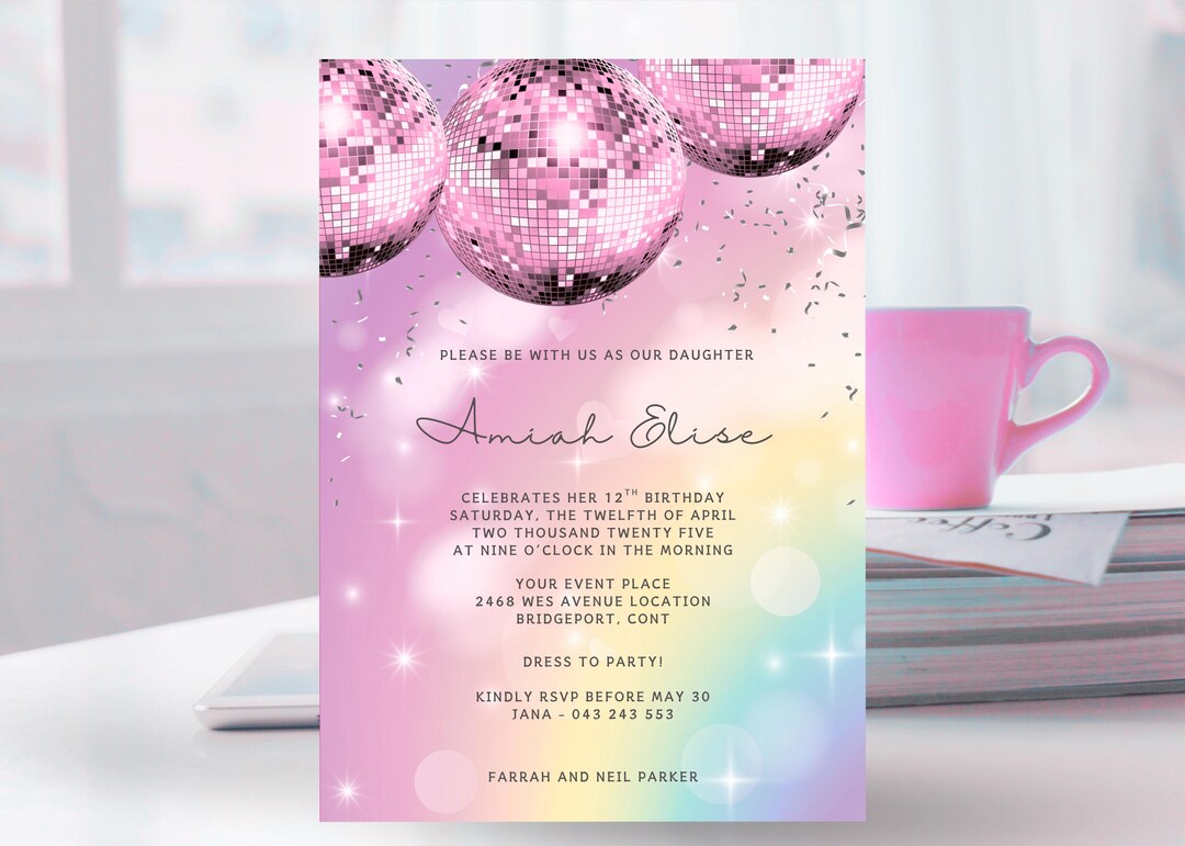 Blush Pink Disco Party Birthday Invitation, Dance Party Template, Party ...