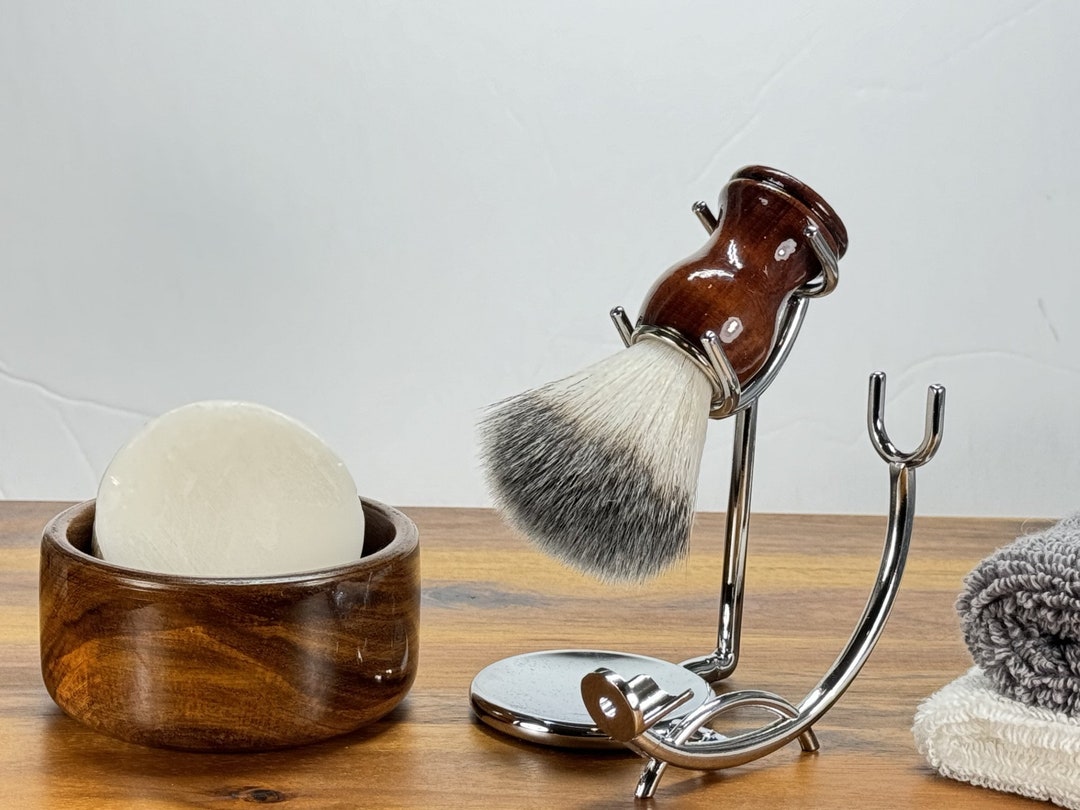Wooden Shave Brush Bowl Puck Kit Stand for Barber Straight Razor Holder ...