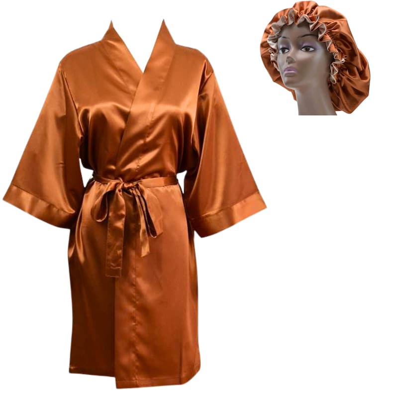 Luxury Silky Satin Robe With Matching Bonnet Lounge Nightwear Sleep Set ...