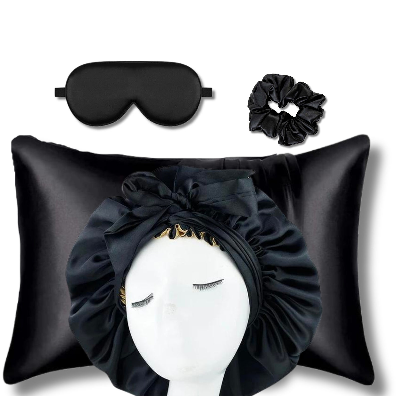 4 Pc Silky Satin Bonnet Set With Tie for Hair Pillowcase, Sleep Mask ...