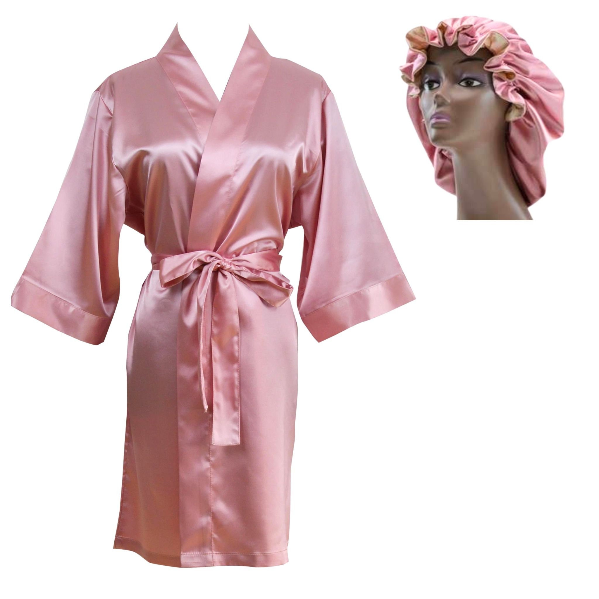 Luxury Silky Satin Robe With Matching Bonnet Lounge Nightwear Sleep Set ...