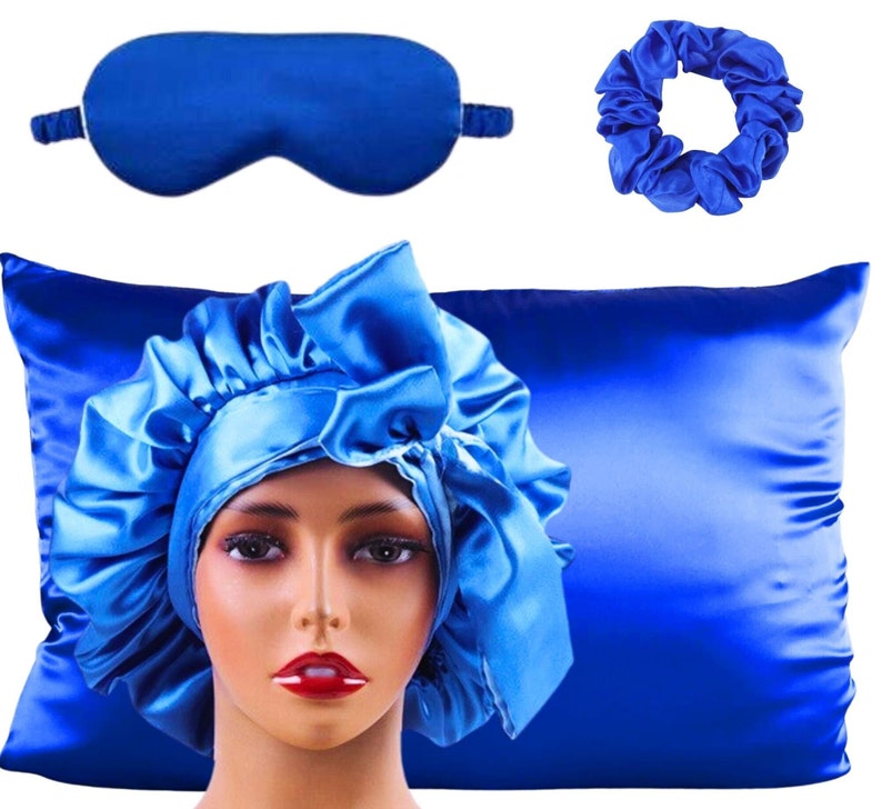 4 Pc Silky Satin Bonnet Set With Tie for Hair Pillowcase, Sleep Mask ...